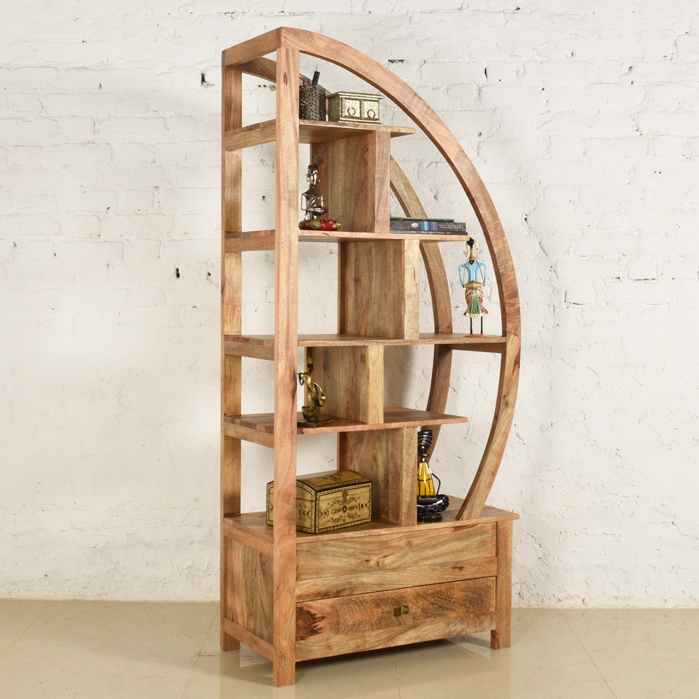 Wood Decor Half Moon Bookcase With Drawer, Mango Wood - Online ...