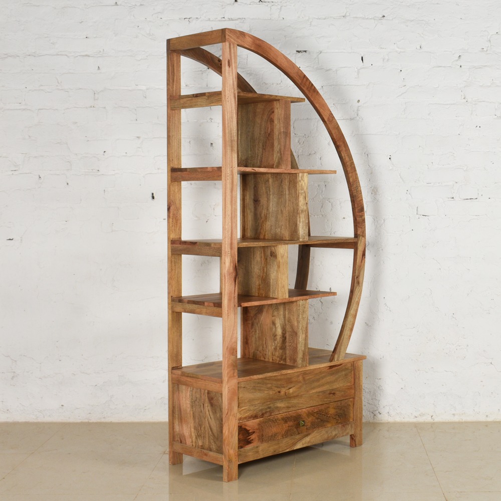 Wood Decor Half Moon Bookcase With Drawer, Mango Wood - Online ...