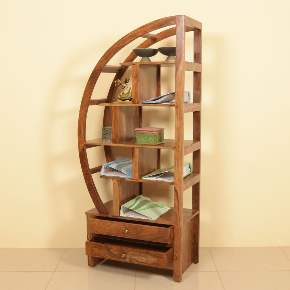 Wood Decor Half Moon Bookcase With Drawer, Sheesham Wood - Furniture ...