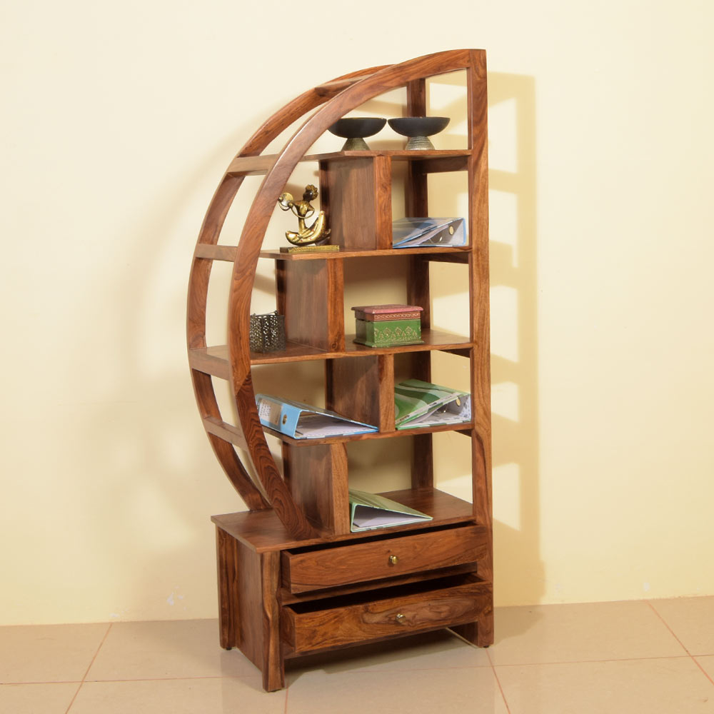 Wood Decor Half Moon Bookcase With Drawer, Sheesham Wood - Furniture ...